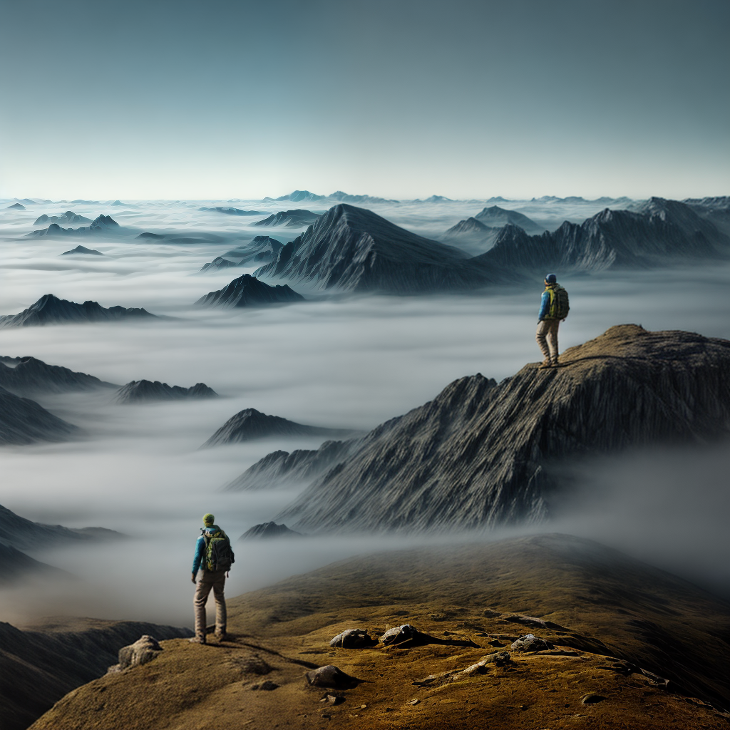 a male explorer looking out on a vast new frontier that is shrouded in mist