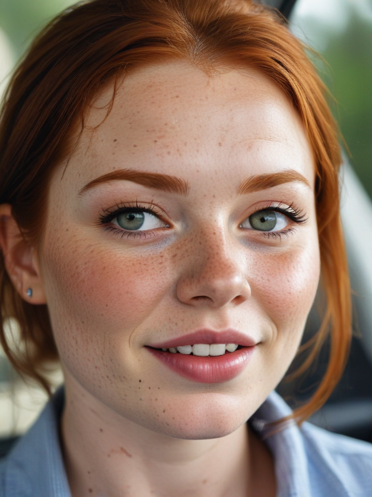 Chubby Redhead With Freckles With Slight Smile In Car