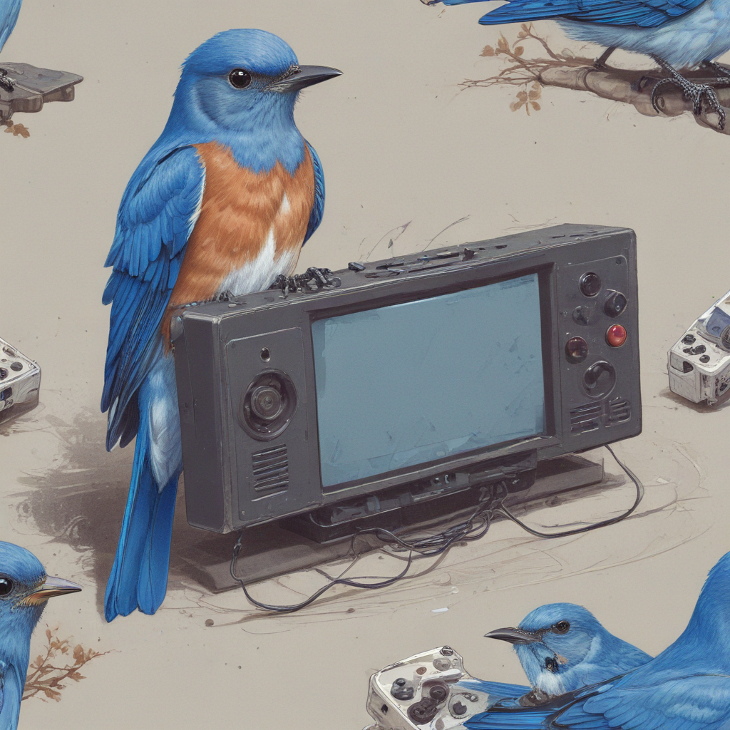 detailed illustration of a bluebird playing video games