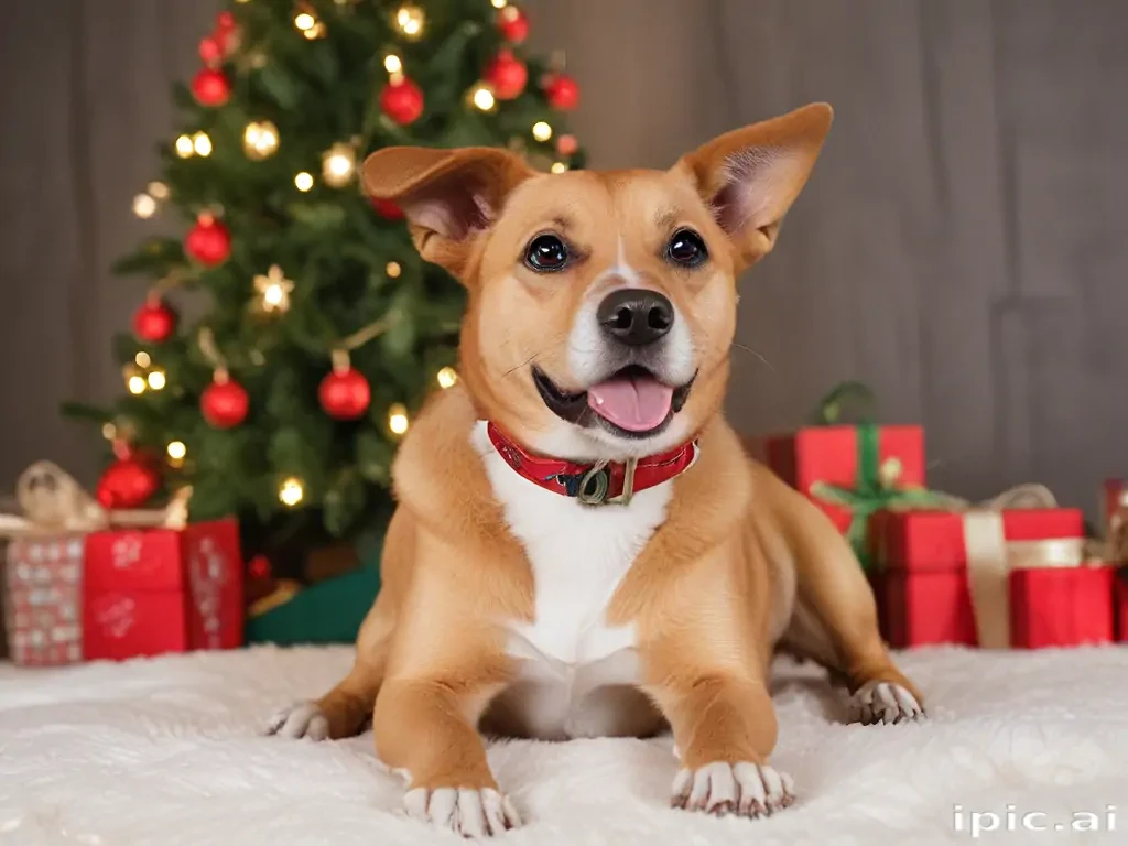 A Joyful Dog Poses Cheerfully in Front of a Christmas Tree.