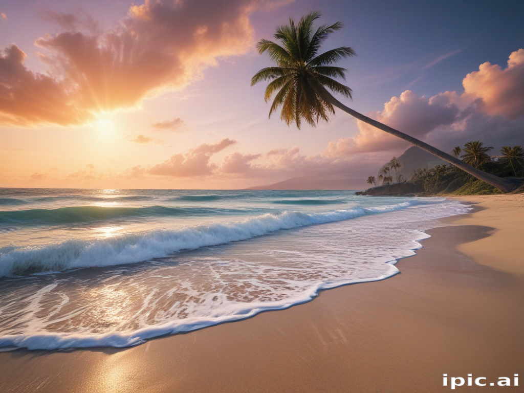 Serene Sunset Over a Tranquil Beach with Palm Trees and Gentle Waves