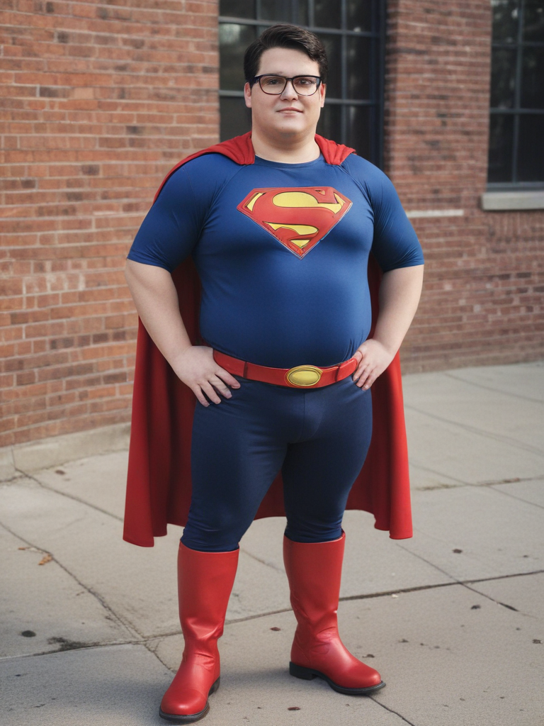 Realistic chubby high school nerd guy, realistic superman costume and ...