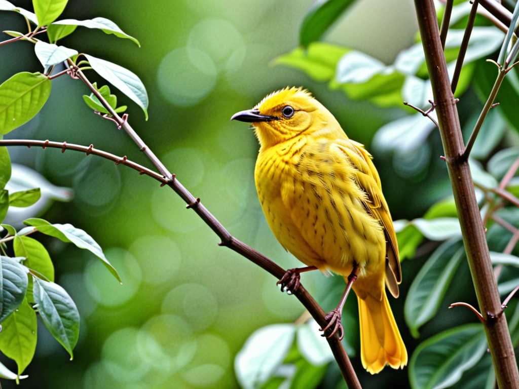 Vibrant Yellow Bird Perched Gracefully on a Branch Among Lush Greenery