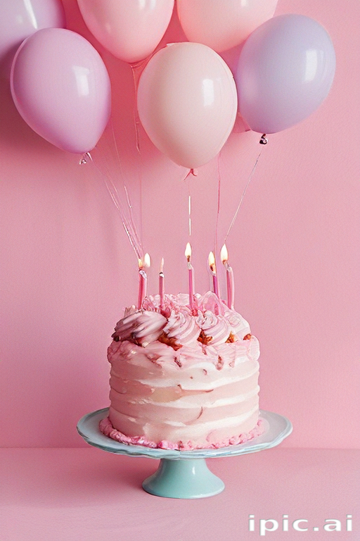 A Delightful Pink Birthday Cake Surrounded by Colorful Balloons and Candles