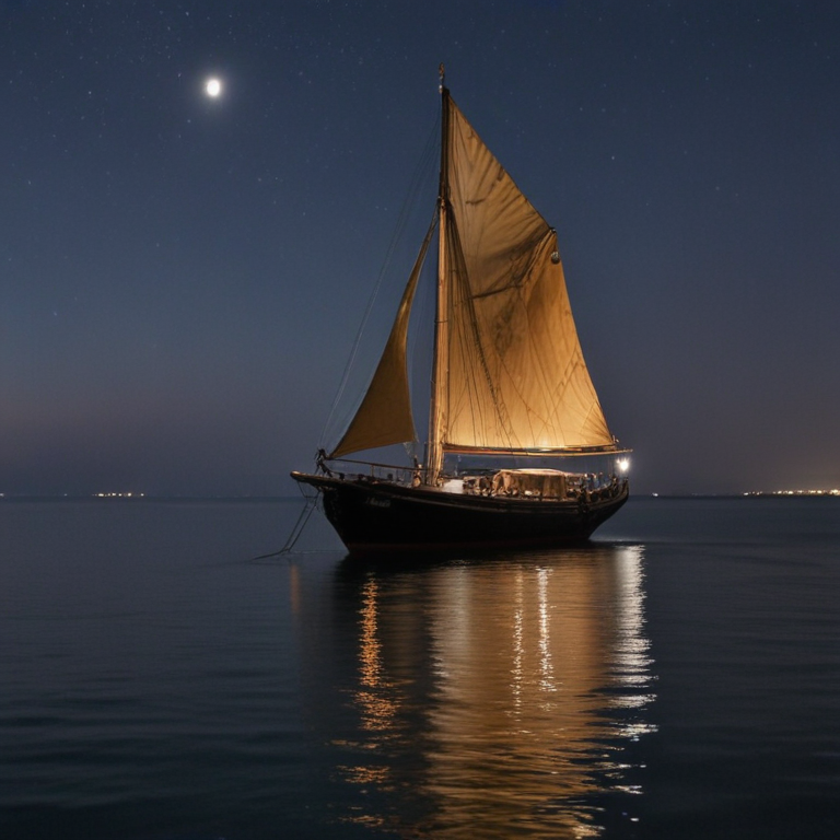 una barca che naviga nel mare di notte sotto la luna