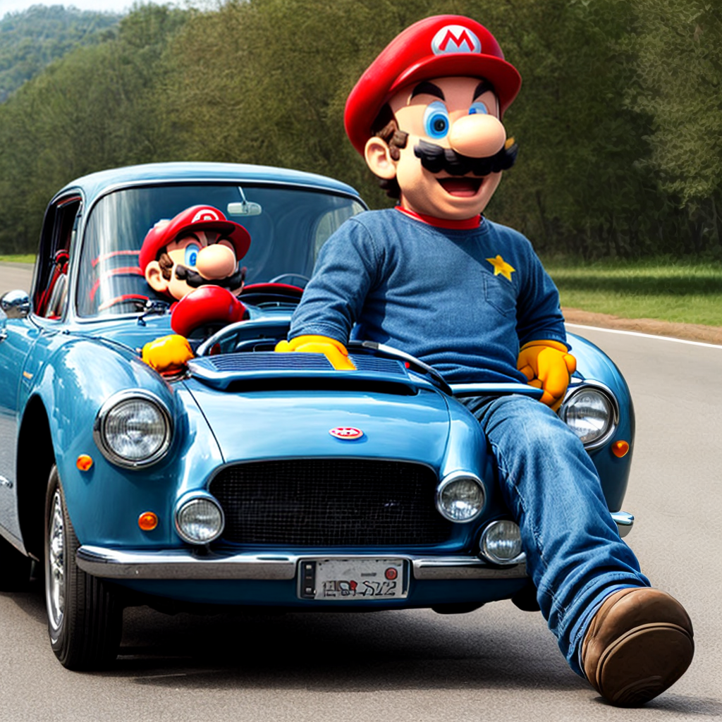 mario driving a car while holding a nerf blaster