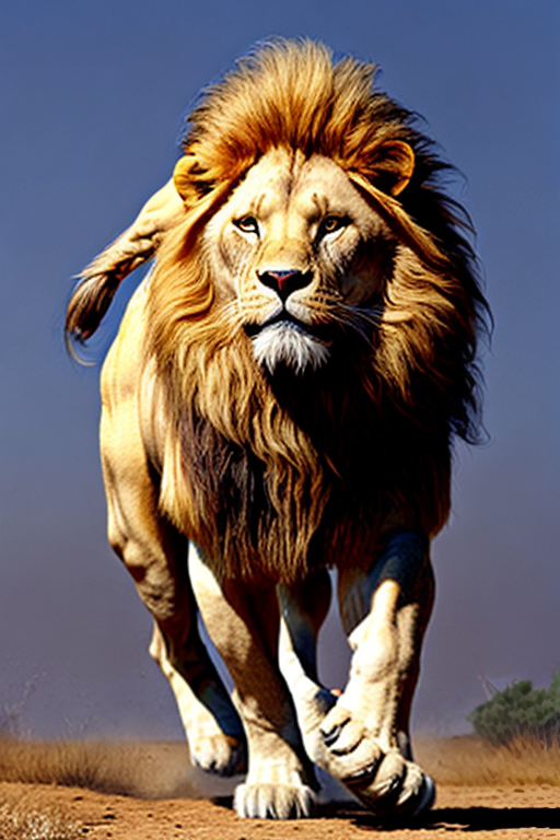 In an otherworldly realm, a humanoid lion strides majestically, a ...