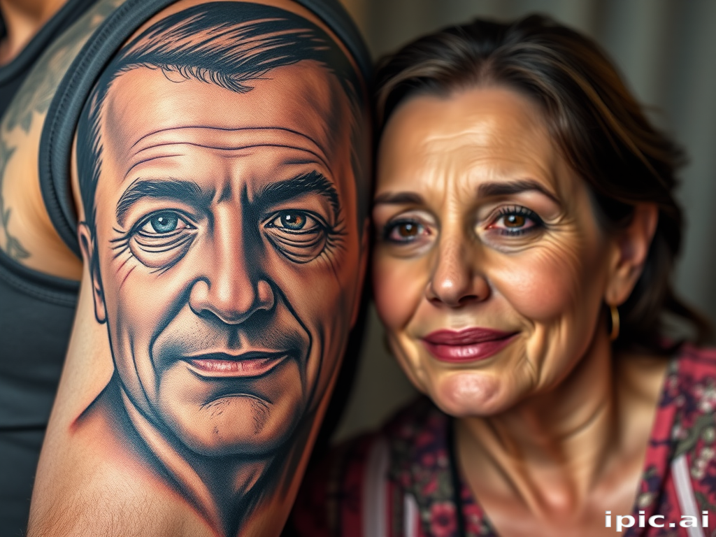 Intricate Tattoo of a Man's Portrait Next to a Smiling Woman