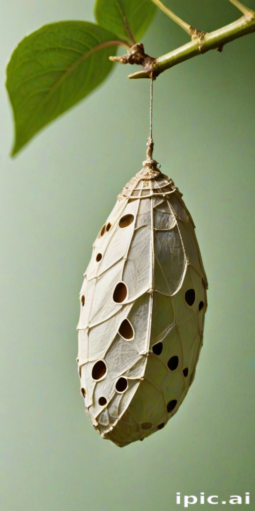 Intricately Designed Insect Cocoon Hanging Gracefully from a Green Leaf
