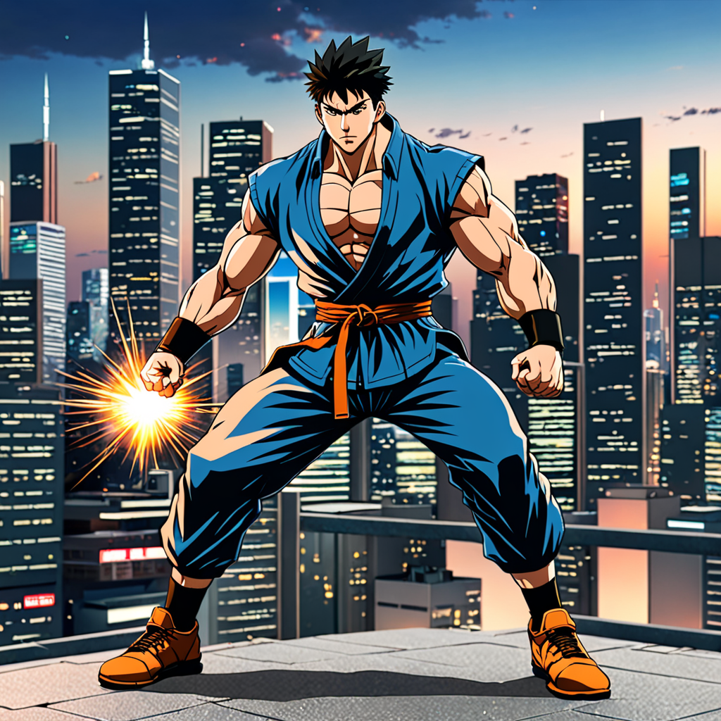 anime fighter in a dinamic pose in anime hero style with a city background