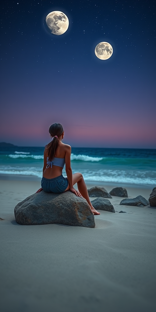 Contemplating the Beauty of Two Moons Over a Serene Beach