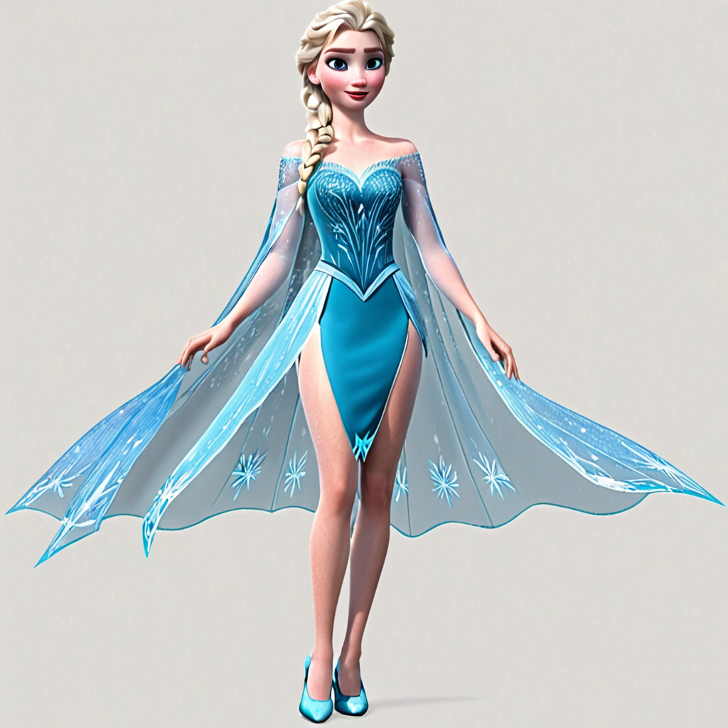 Elsa Frozen, transparent blue costume, full body visible, human features