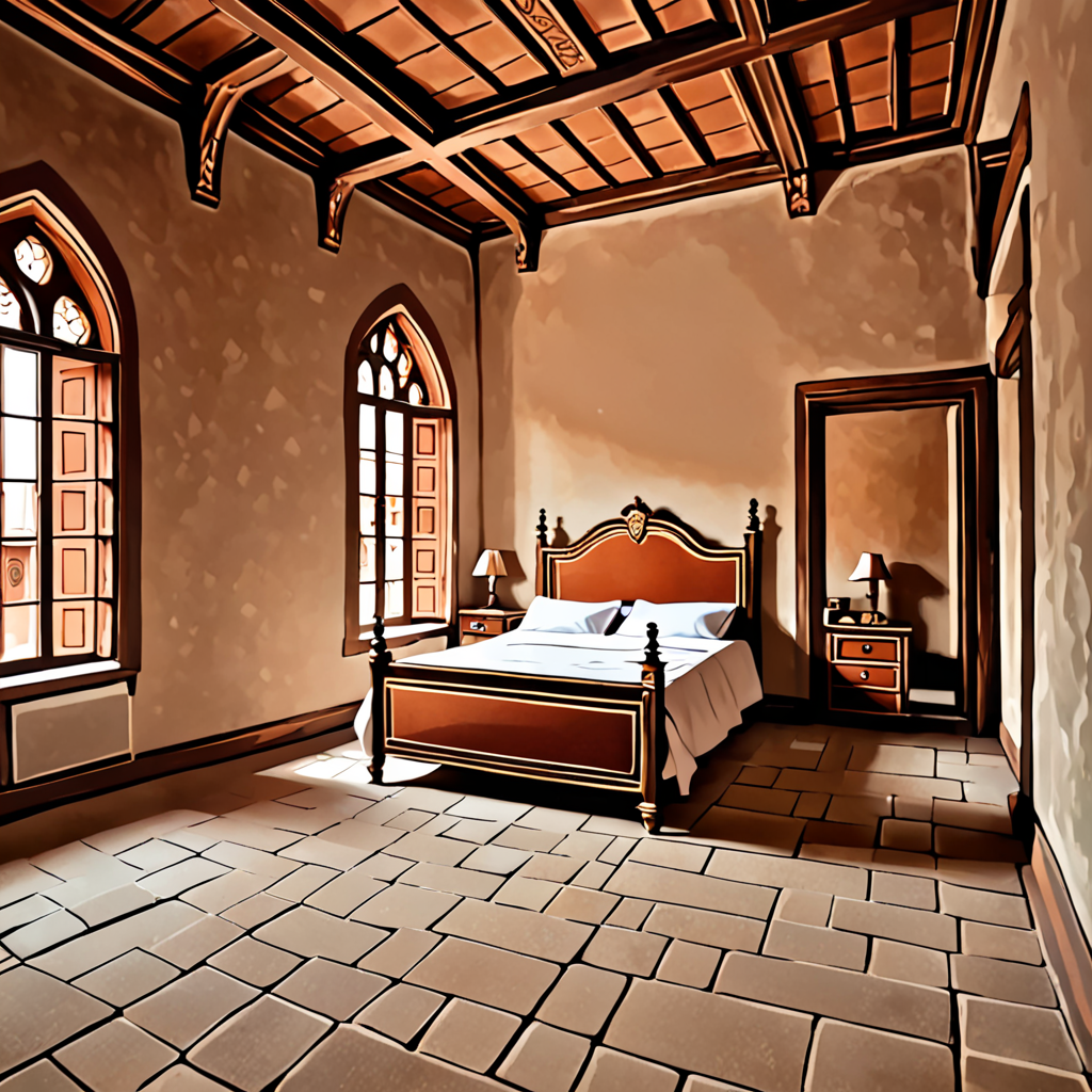 Empty bedroom in a medieval palace. No people. Flat colors.