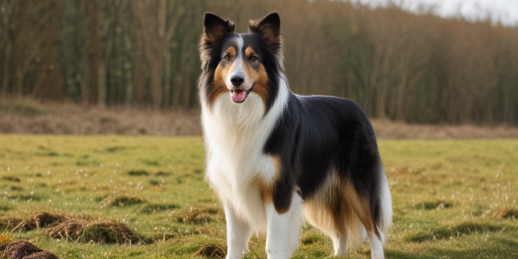 A Beautiful Collie Dog Standing Proudly in a Lush Green Field.