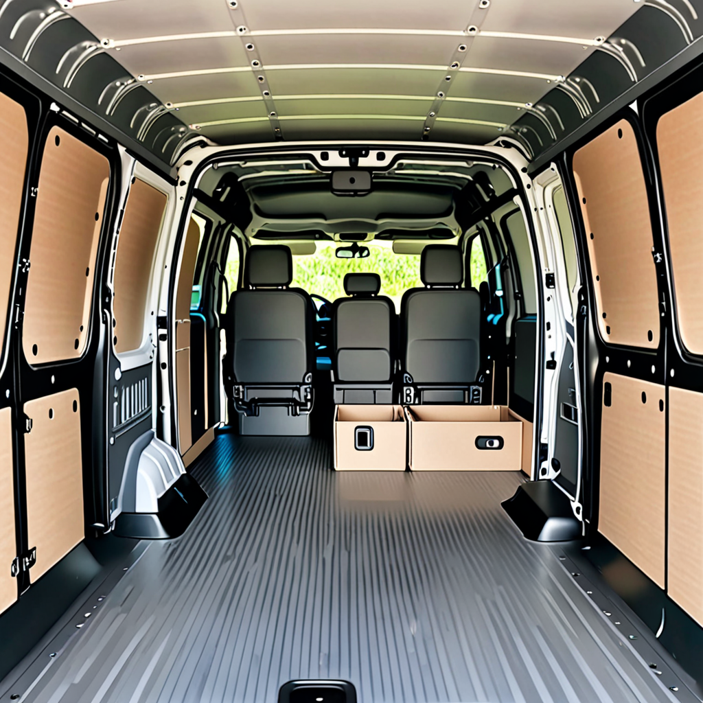 Interior of an empty cargo van. No windows. No people. Flat colors.