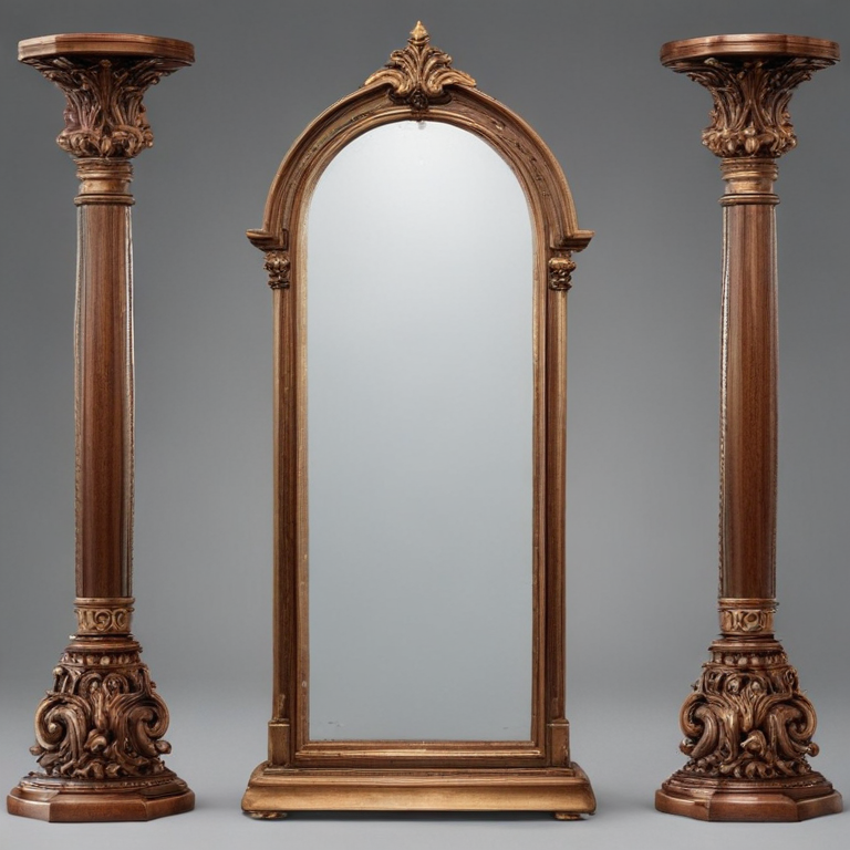 Elegant Vintage Full-Length Mirror Surrounded by Ornate Decorative Columns.