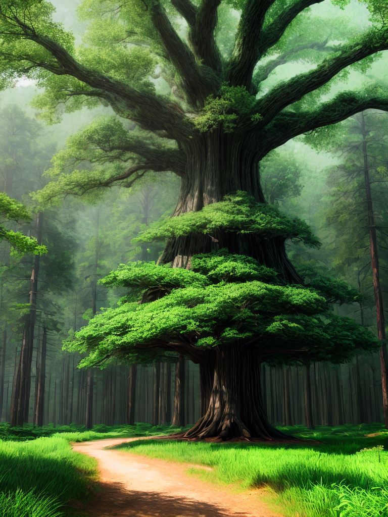 studio ghibli style large tree in forest