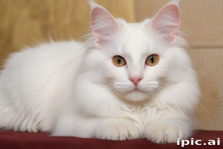 A Majestic White Cat with Fluffy Fur and Striking Golden Eyes.