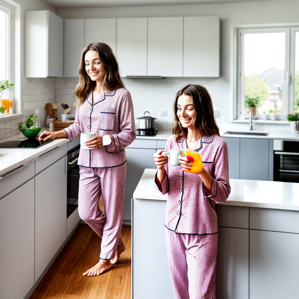 nikki in pyjamas drinking breakfast coffee in a modern-style kitchen in ...