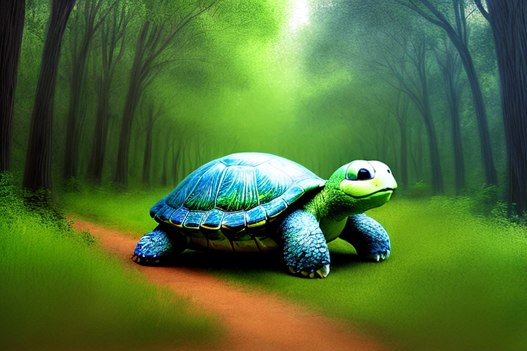 A happy cartoon turtle in the green forest