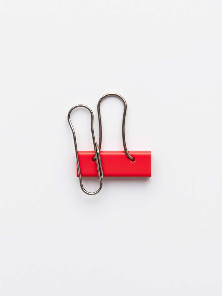 Two Paper Clips and a Bright Red Binder Clip on White Background