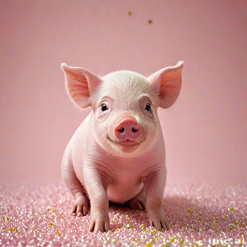 A Cute Baby Pig Smiling Happily Against a Soft Pink Background.