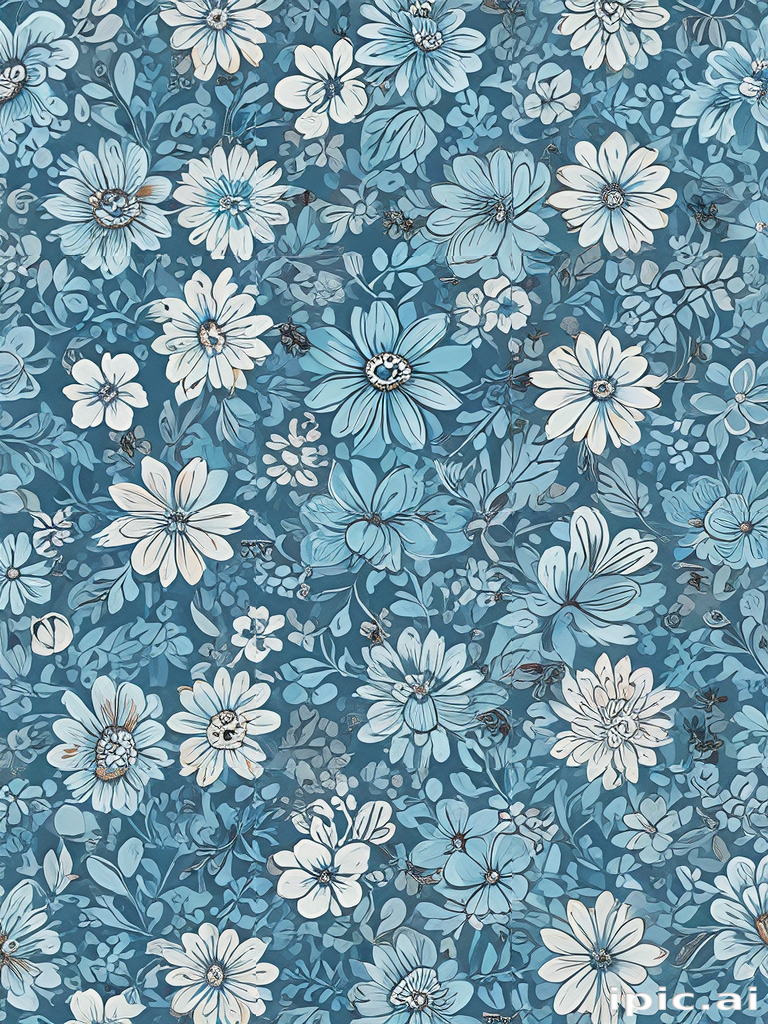 Beautiful Blue Floral Pattern Featuring Various Flowers and Delicate Leaves