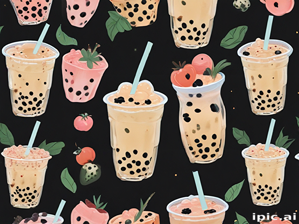Colorful Array of Bubble Tea and Fruit-Infused Beverages on Dark Background