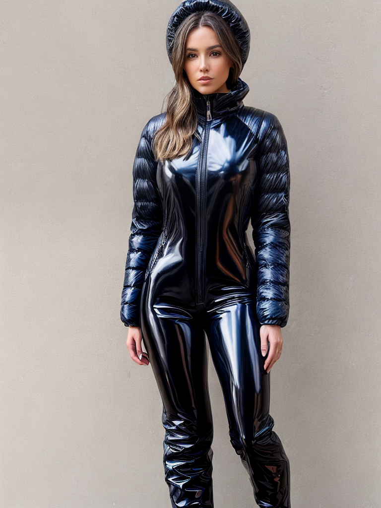 Olivia in pvc puffer onesie corse and boots
