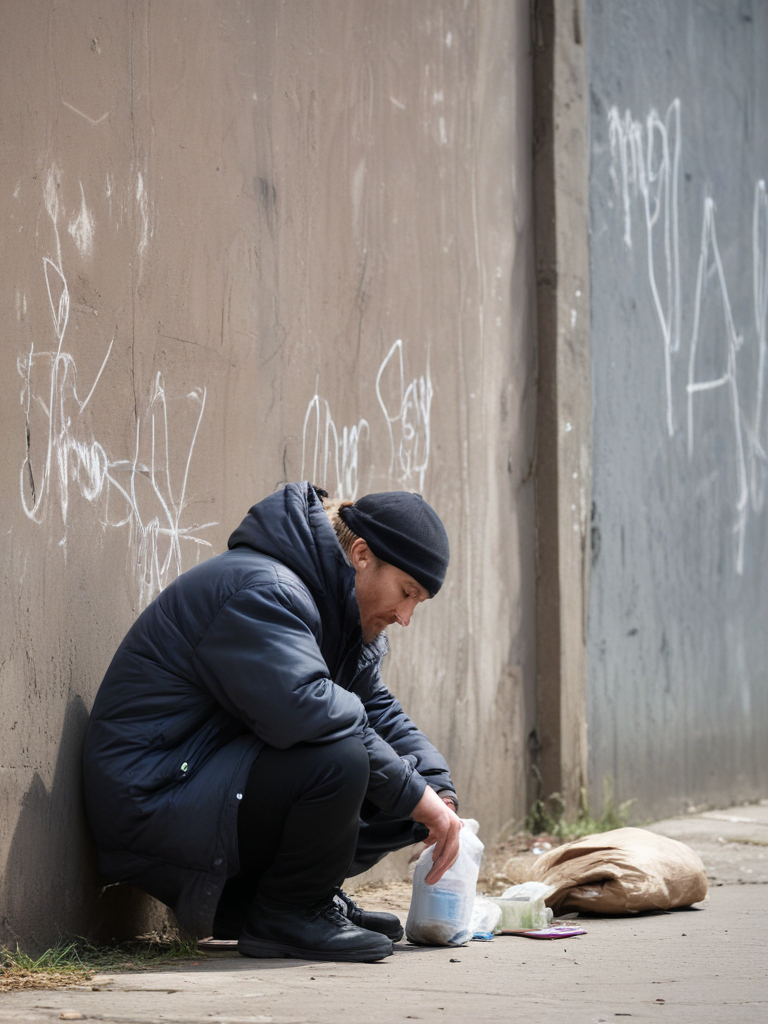 homeless people litter the street and graffiti on the walls and drug ...