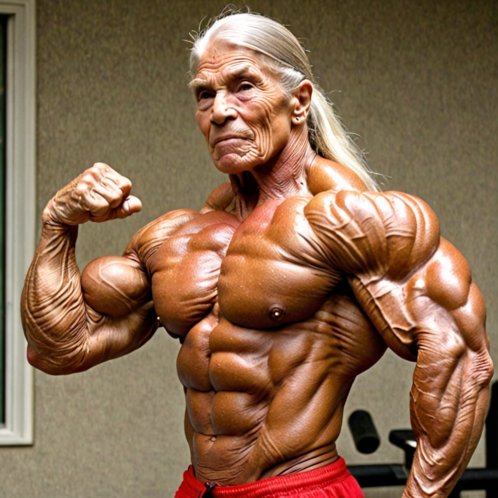 lean very big ripped veiny muscular mean face elderly bodybuilder woman ...