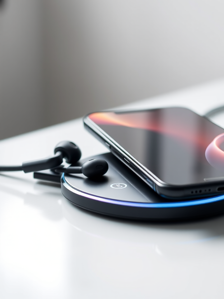 Modern Technology Setup Featuring a Smartphone and Wireless Earbuds on ...