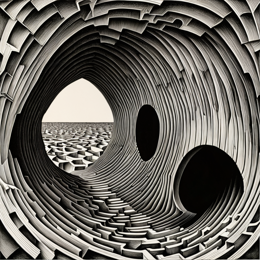 dark cave, three holes, pen drawing, mc escher