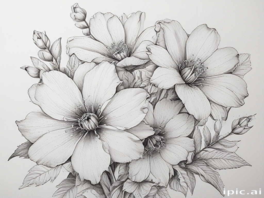 Delicate Ink Drawing of Blossoming Flowers with Intricate Petal Details