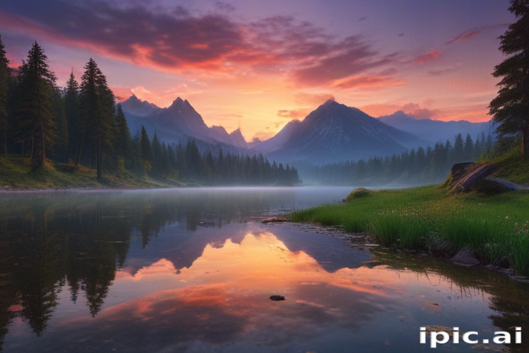 Serene Mountain Landscape at Dawn with Reflective Lake and Lush Forests