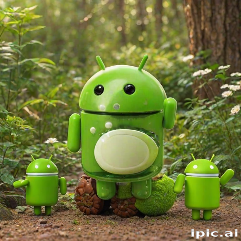 Three Playful Green Android Robots Enjoying a Sunny Day in Nature