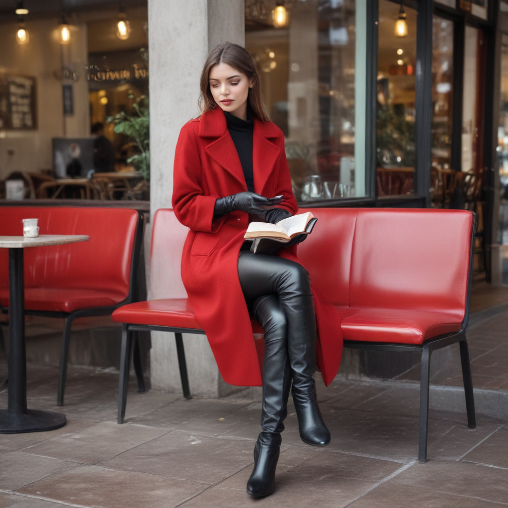 full-body view of a very skinny and slender girl, very long leather ...
