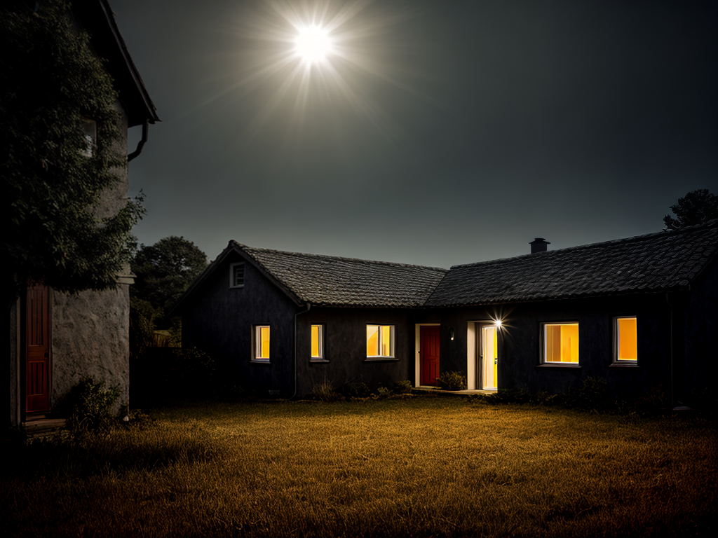 Open door, dark, sun, obscure landscape, houses, night