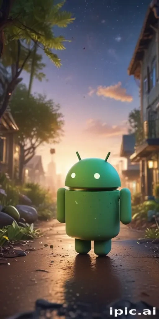 Playful Android Character Stands in a Lively, Sunlit Urban Environment