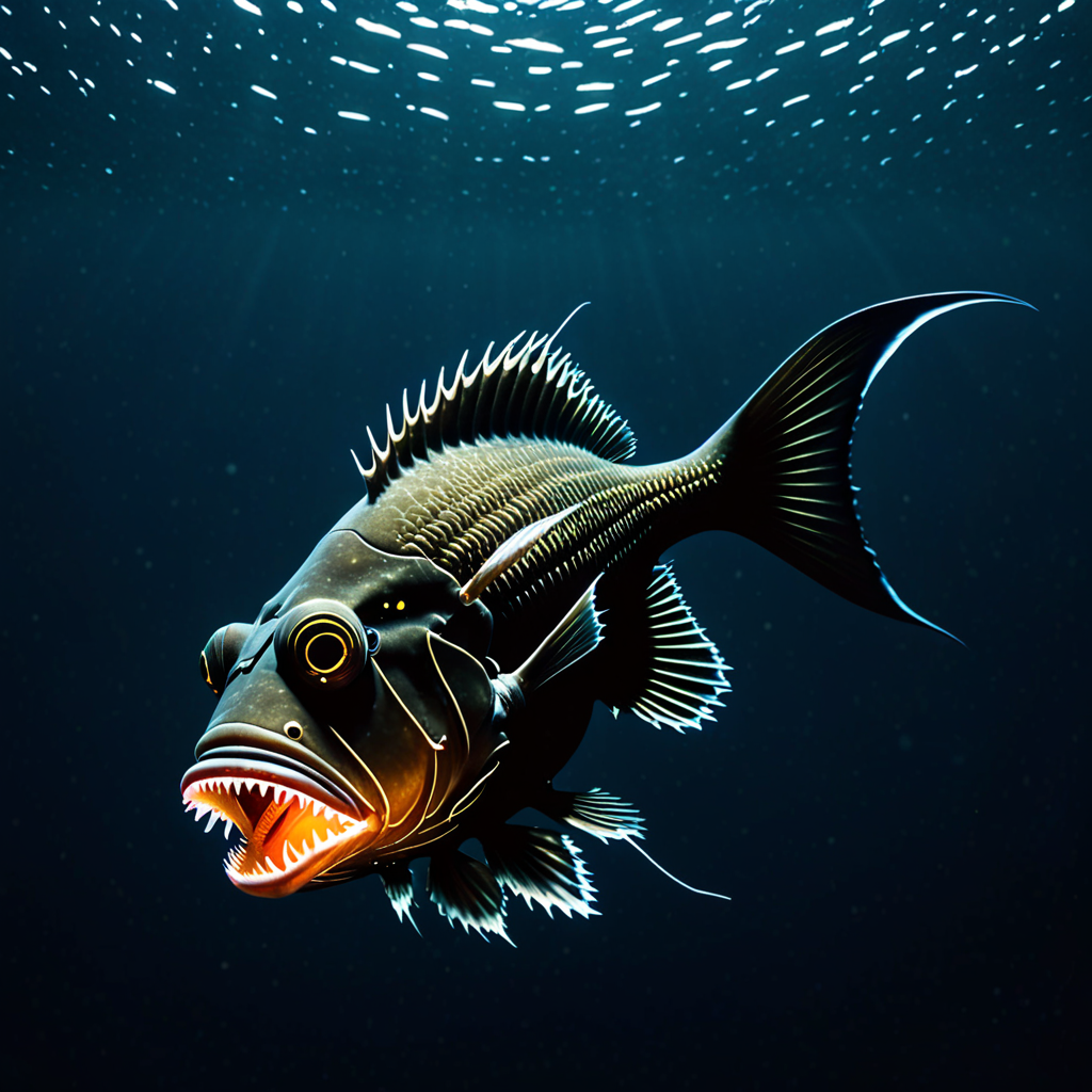 angler fish illuminated by it's lure swimming towards viewer out of ...