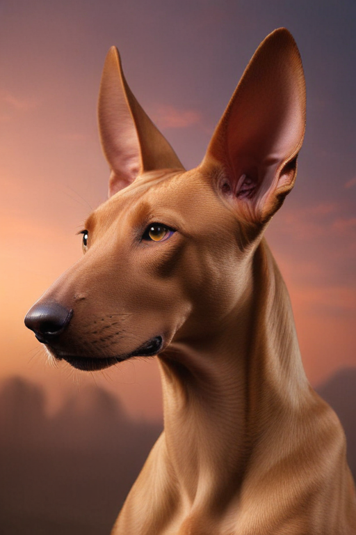 A Majestic Portrait of a Basenji Dog Against a Stunning Sunset Background.