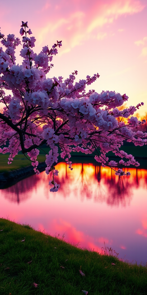 Serene Sunset Reflections Beneath a Blossoming Cherry Tree by the Lake