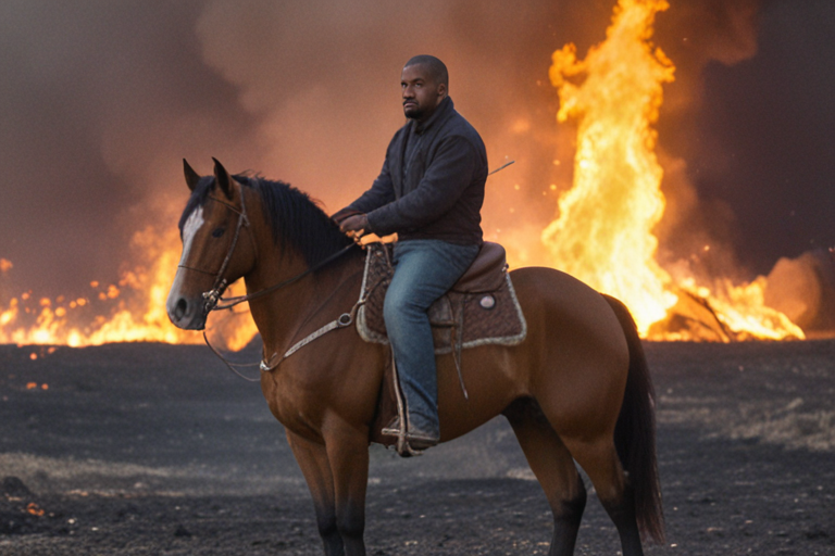 Kanye west riding a horse during a fire