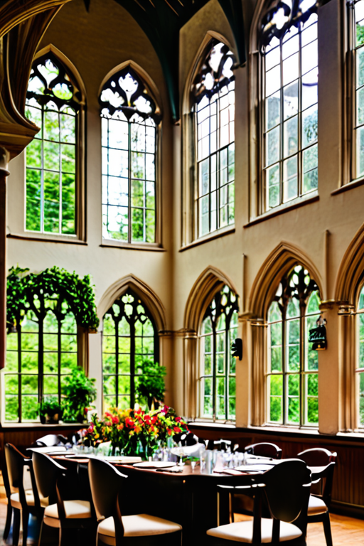 castle dining hall with greenery and lots of windows
