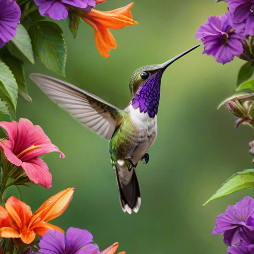 A Vibrant Hummingbird Hovering Among Colorful Flowers in Nature's Garden.