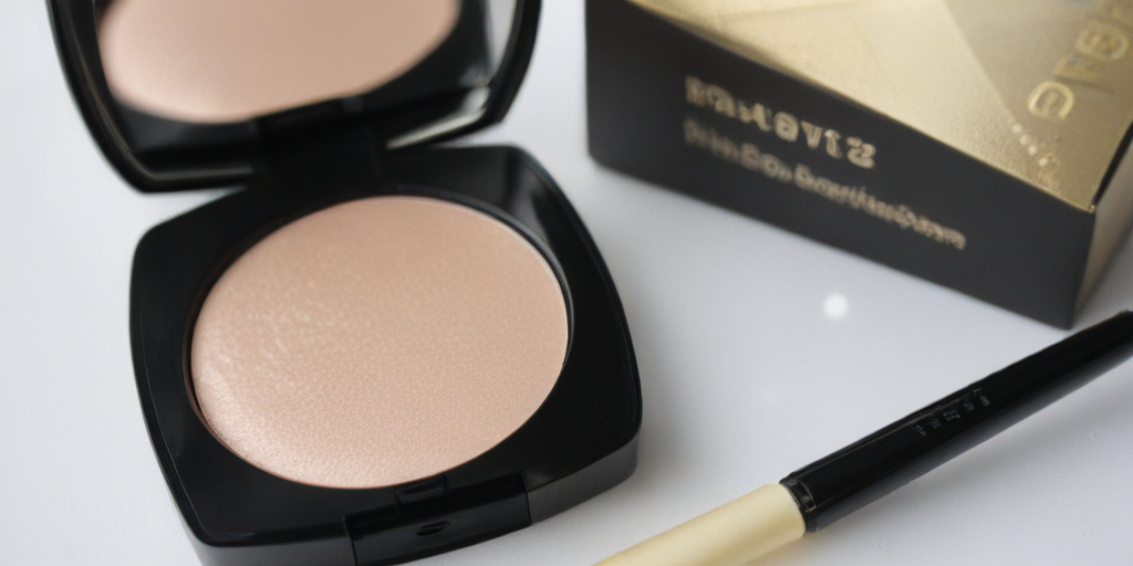 A Luxurious Compact Highlighter with a Sleek Design and Applicator Brush.
