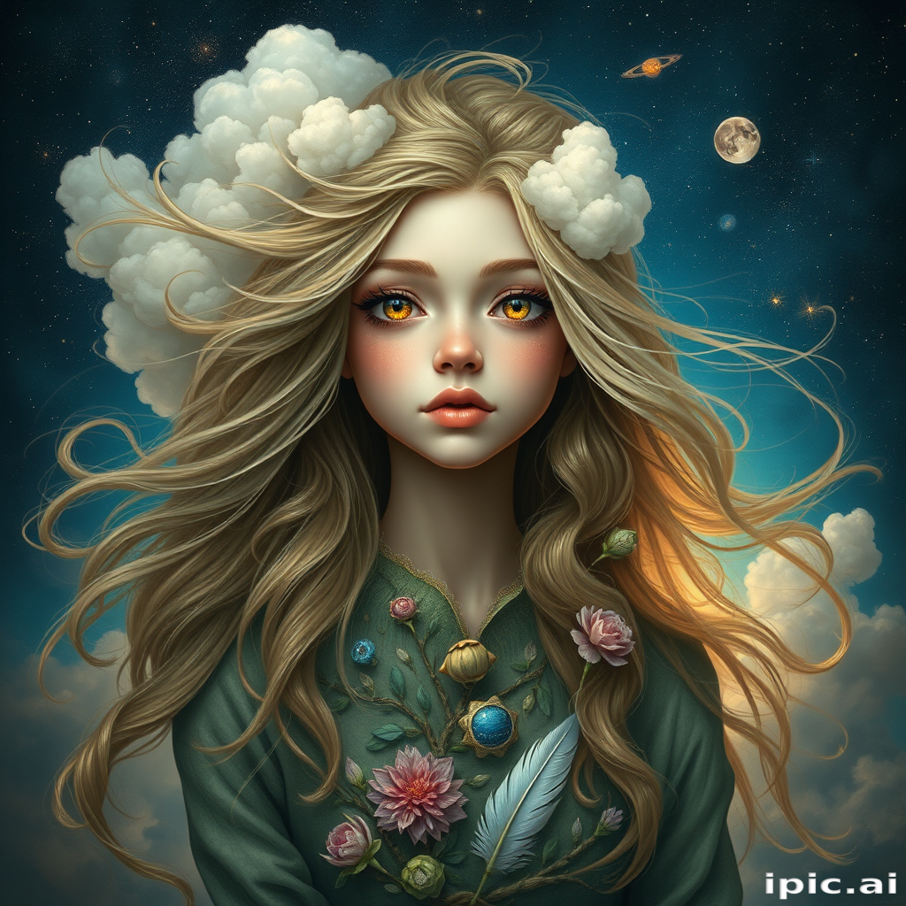 Enchanting Portrait of a Dreamy Girl Surrounded by Cosmic Elements and ...