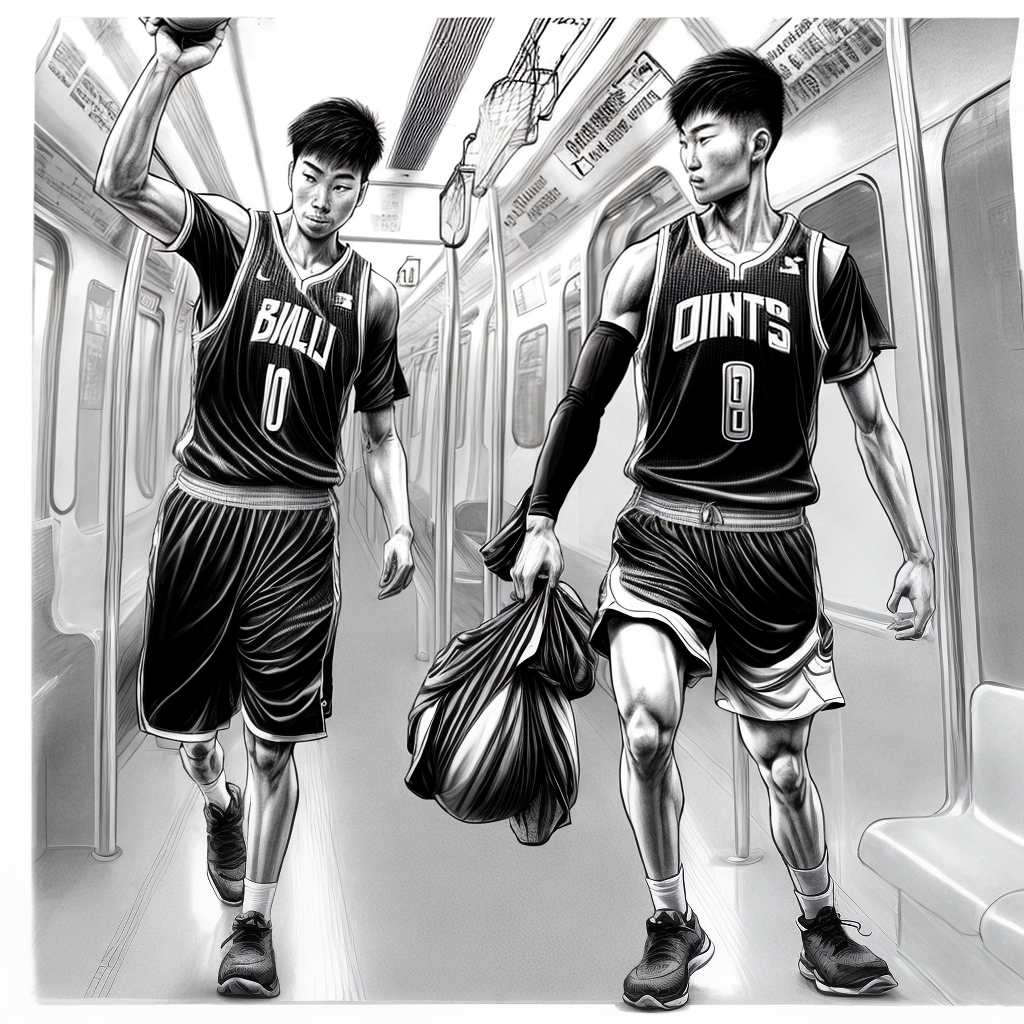 ONE PERSON ASIAN BASKETBALL PLAYER PLAY IN SUBWAY TRAIN. WIDE ANGLE ...