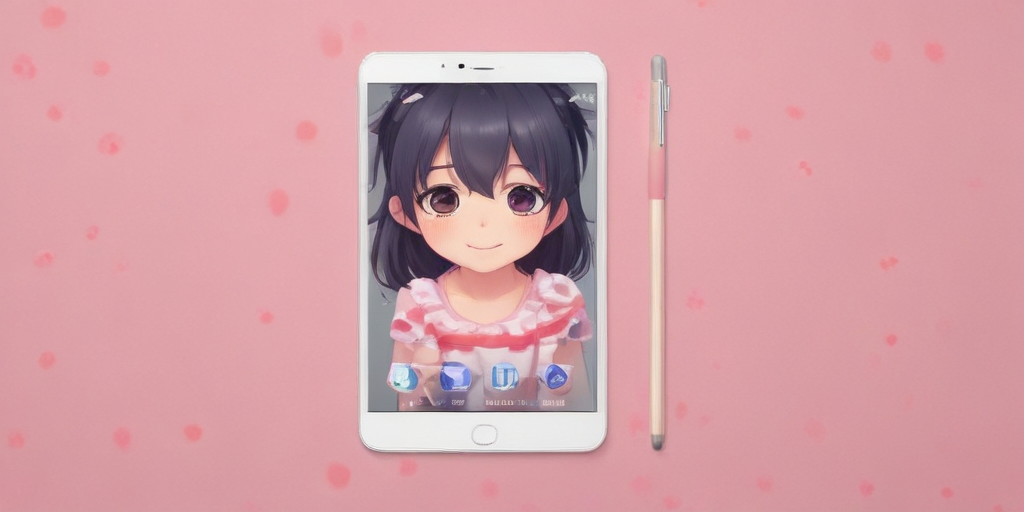 Charming Anime Girl on Tablet Display with Soft Pink Background and Pen