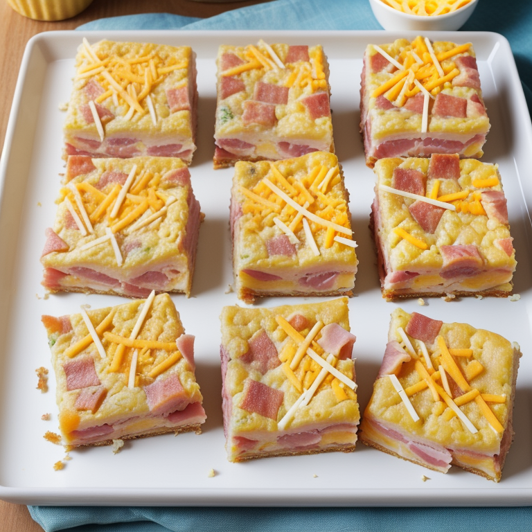 Deliciously Cheesy Ham and Egg Breakfast Casserole Squares on a White Plate